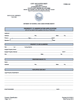 Fillable Online PROPERTY CLASSIFICATION APPLICATION - Pawtucket Fax ...