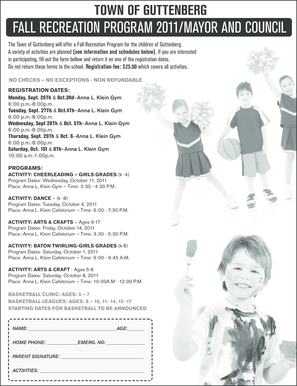 Fillable Online TOWN OF GUTTENBERG FALL RECREATION PROGRAM 2011MAYOR ...