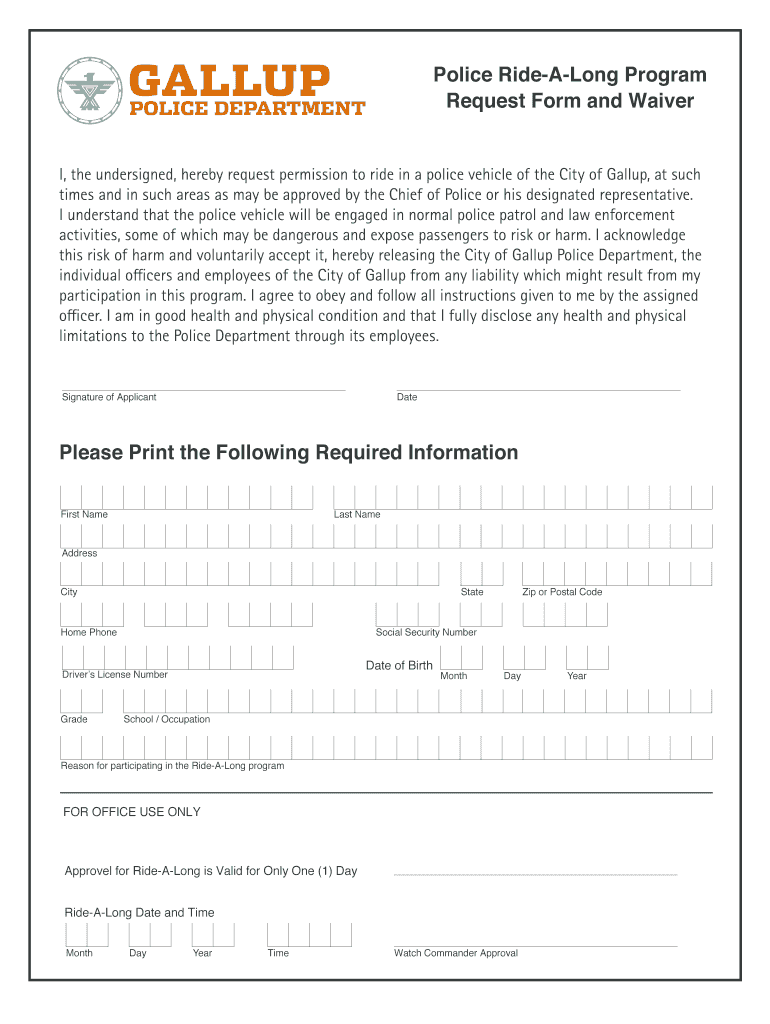 Fillable Online Police Ride-A-Long Program POLICE DEPARTMENT Request ...