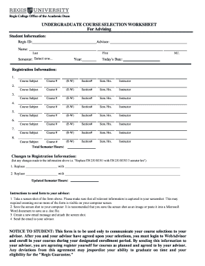 Fillable Online regis UNDERGRADUATE COURSE SELECTION WORKSHEET For ...