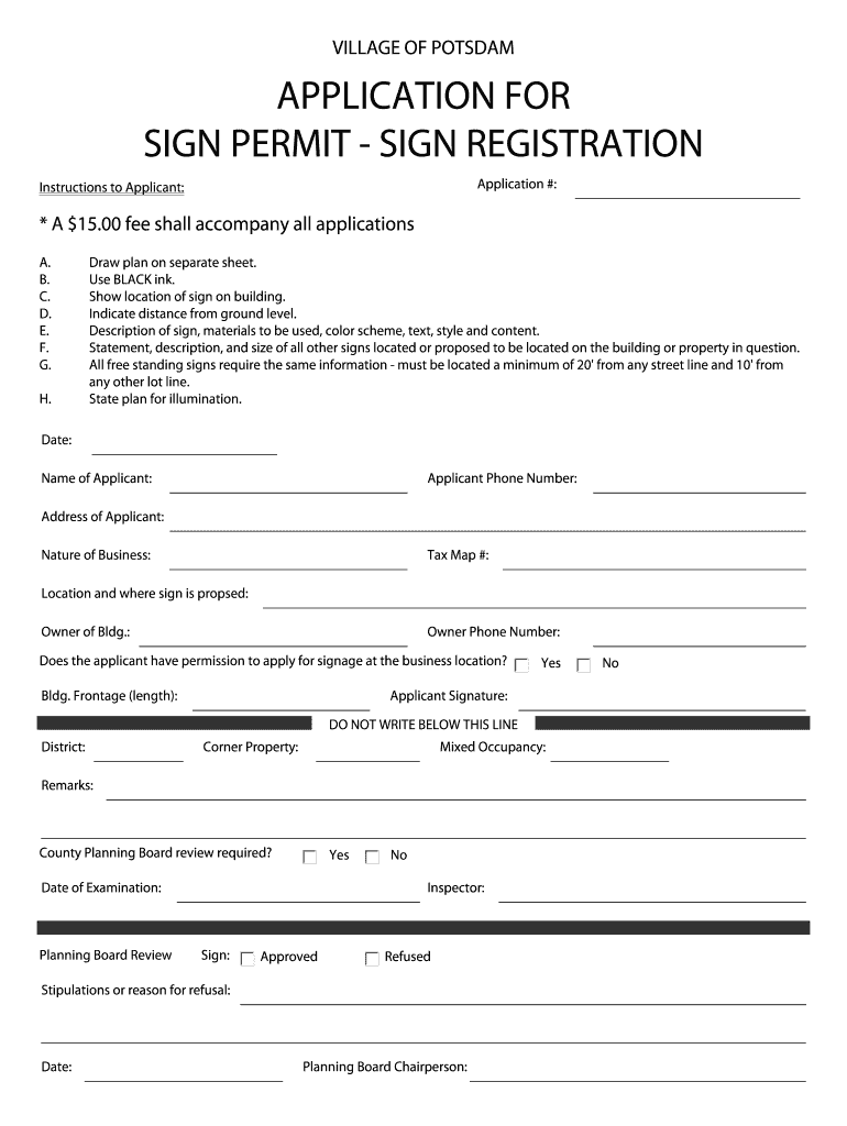 Fillable Online VILLAGE OF POTSDAM APPLICATION FOR SIGN PERMIT - SIGN ...