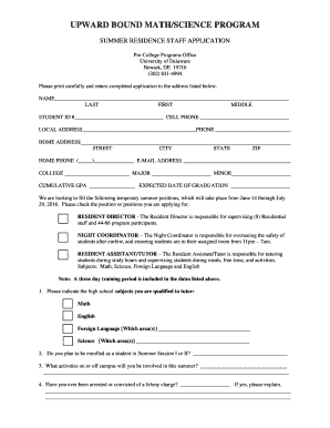 Fillable Online ub-ubms ae udel RESIDENT ASSISTANTTUTOR APPLICATION Fax Email Print - pdfFiller