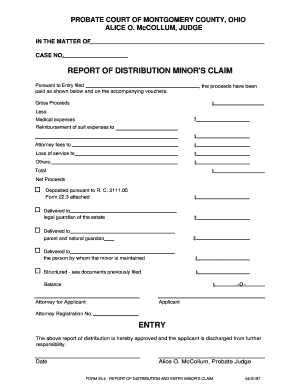 Fillable Online mcohio REPORT OF DISTRIBUTION MINORS CLAIM Fax Email ...