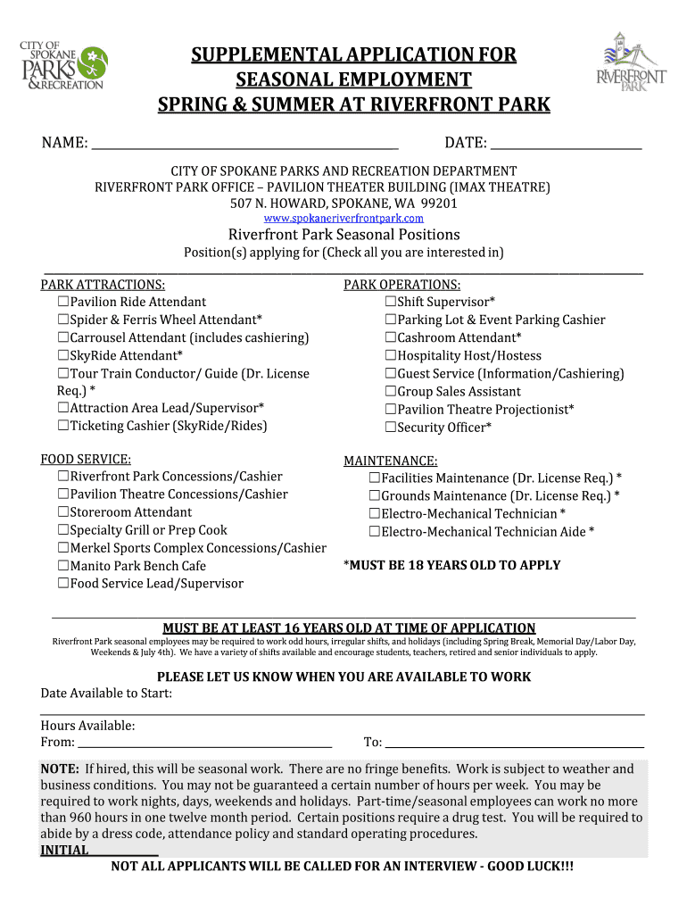 Fillable Online SUPPLEMENTAL APPLICATION FOR SEASONAL EMPLOYMENT SPRING ...