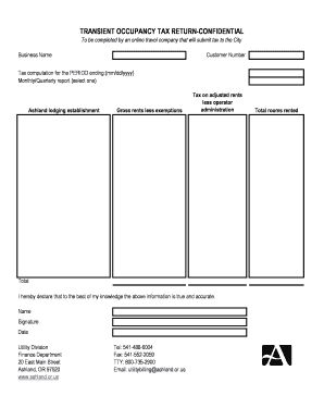 Fillable Online ashland or TRANSIENT OCCUPANCY TAX RETURN-CONFIDENTIAL ...