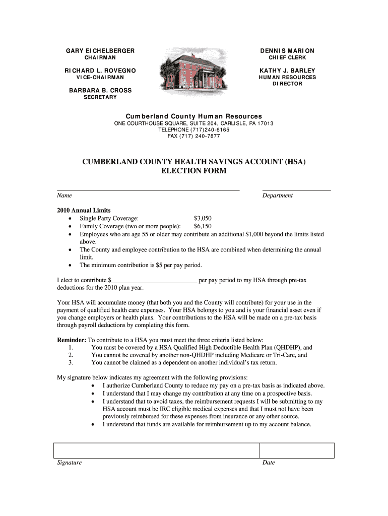 Fillable Online CUMBERLAND COUNTY HEALTH SAVINGS ACCOUNT HSA ELECTION ...