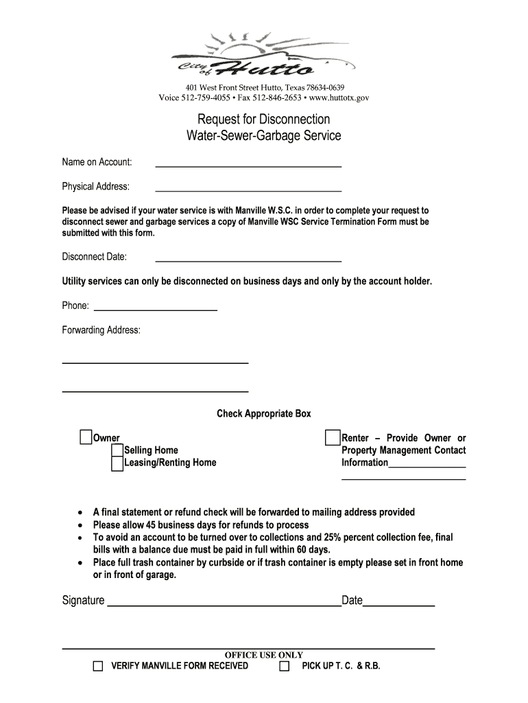Fillable Online Voice 512-759-4055 Request for Disconnection Water ...