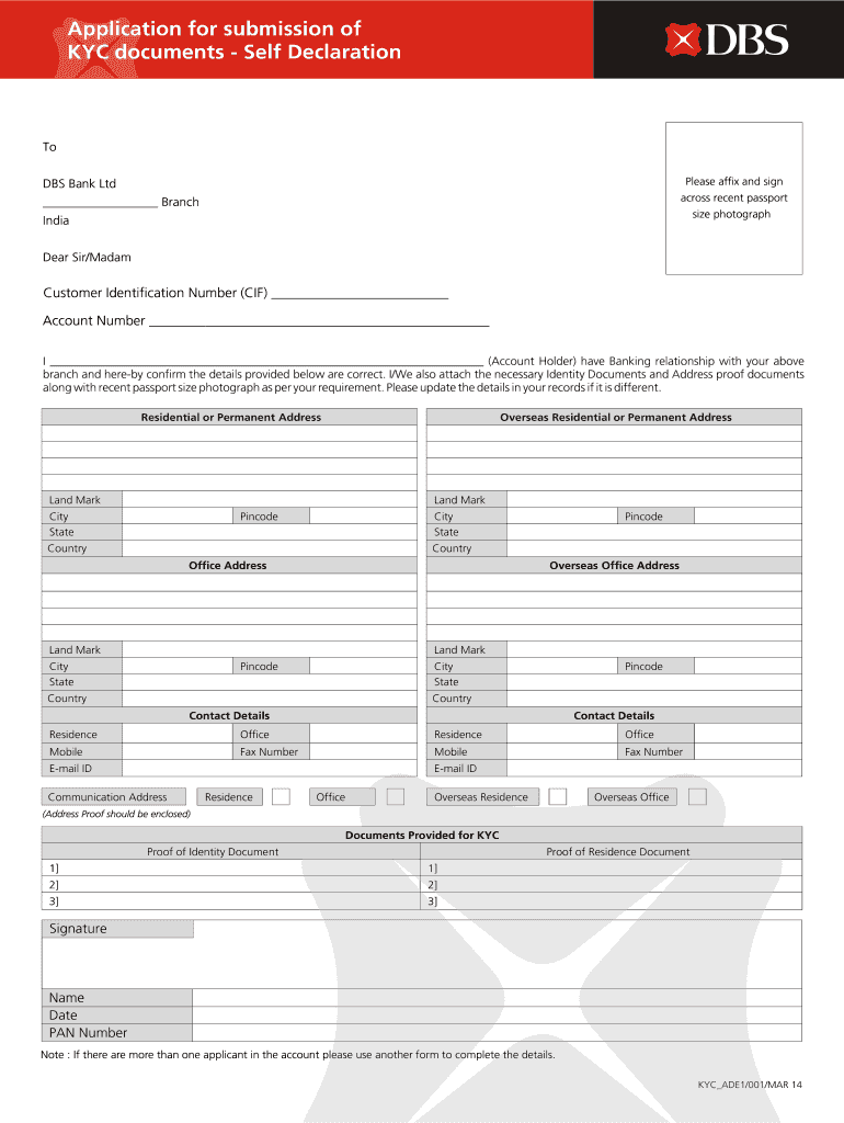 Fillable Online Application for submission of KYC documents - Self Declaration Fax Email Print ...