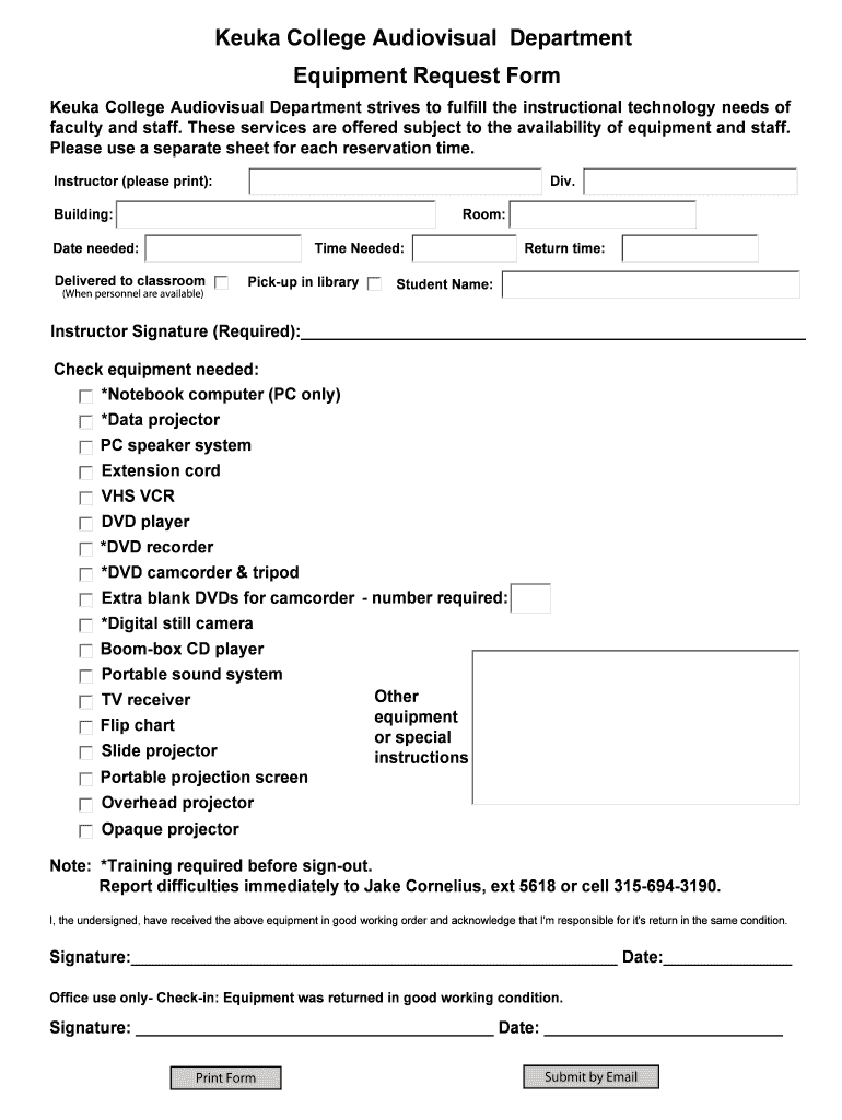 Fillable Online keuka Keuka College Audiovisual Department Equipment ...
