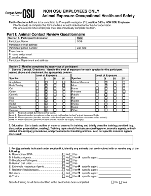 Fillable Online studenthealth oregonstate Part I Animal Contact Review ...