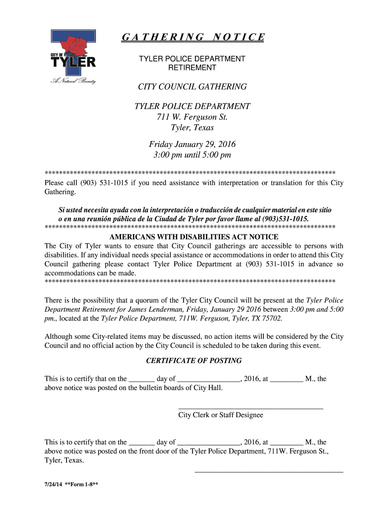 Fillable Online cityoftyler GATHERING NOTICE - cityoftyler Fax Email ...