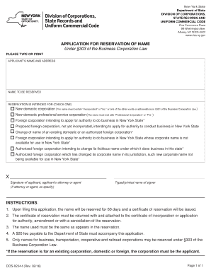 Fillable Online dos ny APPLICATION FOR RESERVATION OF NAME Under 303 of ...