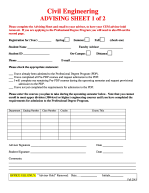 Fillable Online engineering und Please complete the Advising Sheet and email to your advisor, to ...
