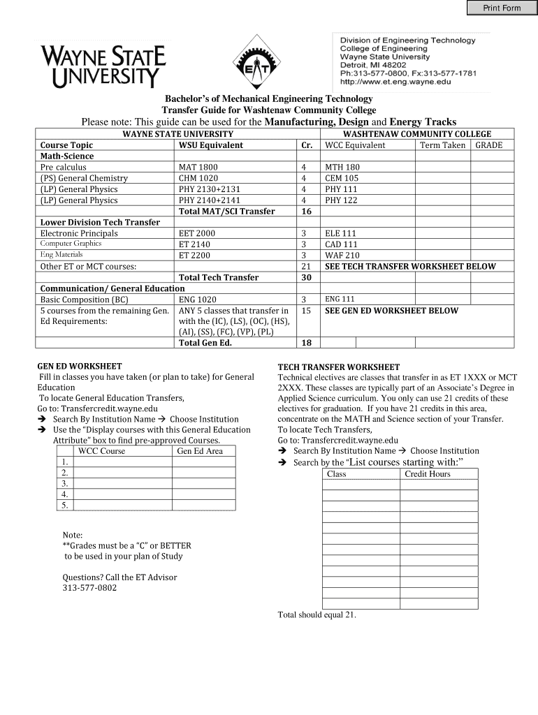 Fillable Online engineering wayne Bachelors of Mechanical Engineering Technology Transfer Fax ...