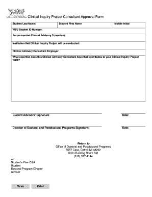 Fillable Online nursing wayne Clinical Inquiry Project Consultant ...