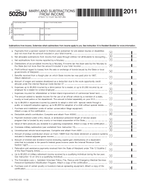 Fillable Online 502SU FORM MARYLAND SUBTRACTIONS 2011 FROM INCOME Fax ...