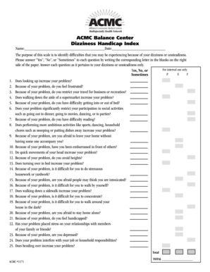 Fillable Online ACMC Balance Center Dizziness Handicap Index Fax Email ...