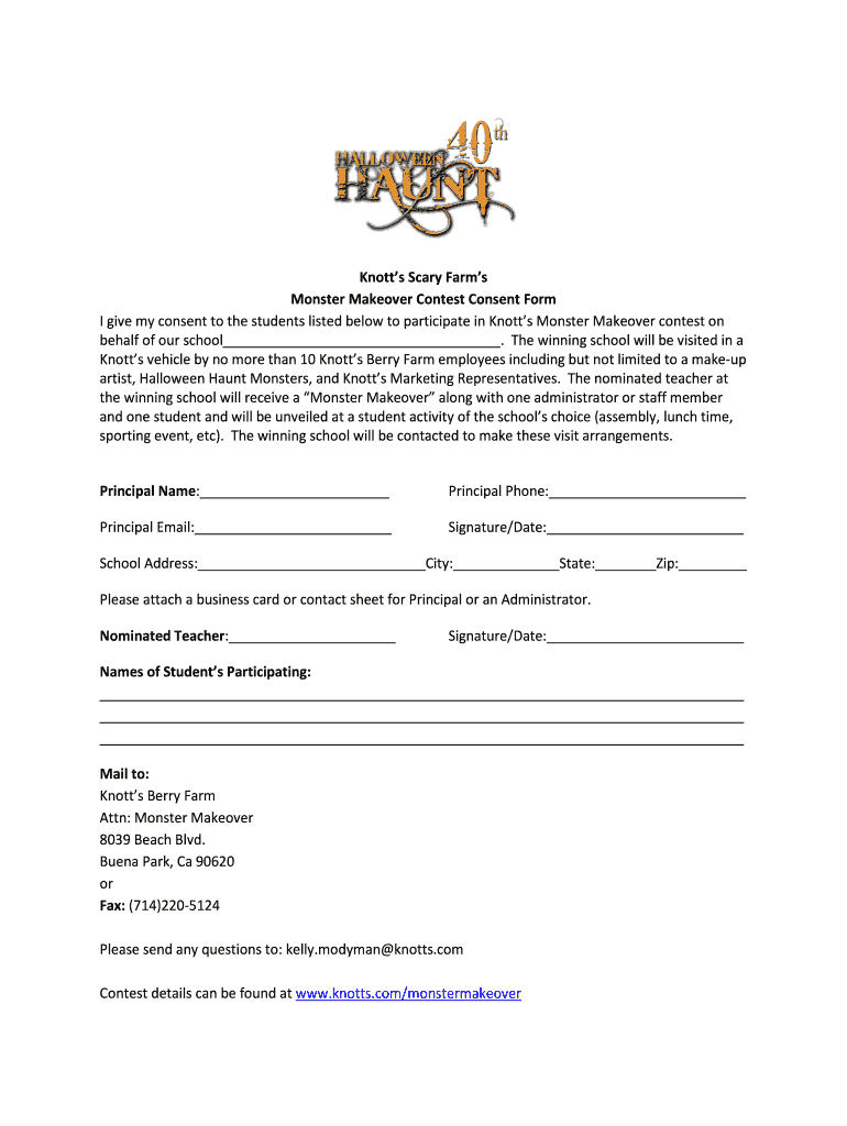 Fillable Online Knotts Scary Farms Monster Makeover Contest Consent ...