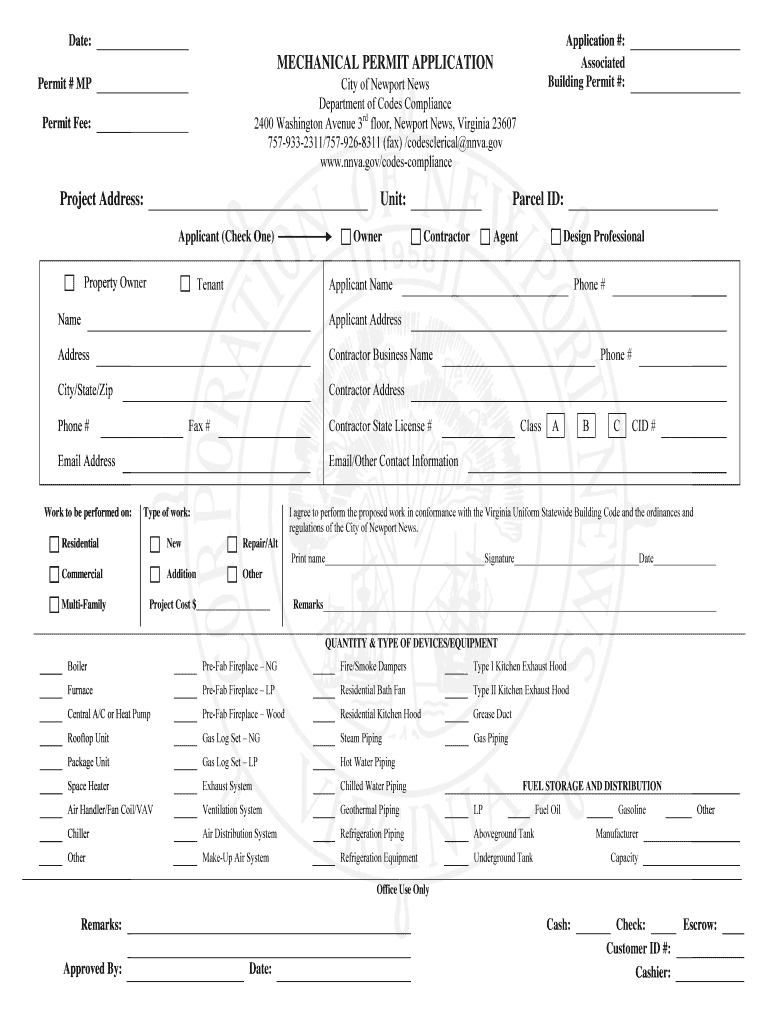 Fillable Online Date Application MECHANICAL PERMIT APPLICATION Fax ...