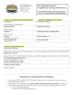 Fillable Online burlingtonvt Fire Sprinkler Inspection Form Fillable ...
