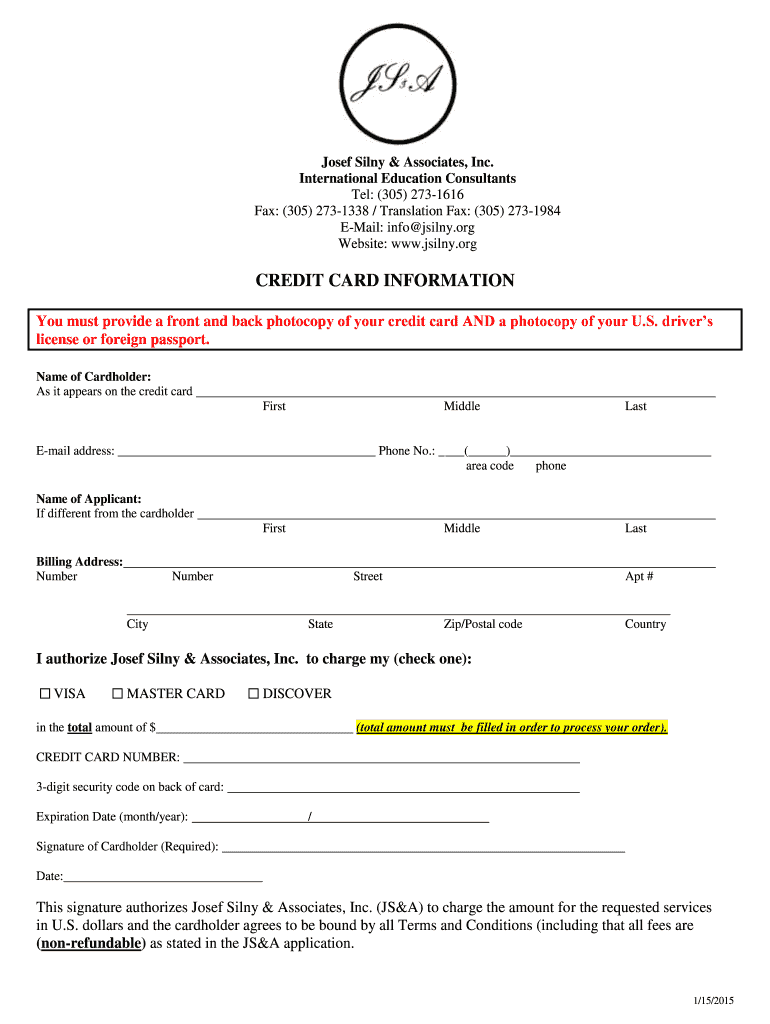 Fillable Online CREDIT CARD INFORMATION - jsilnycom Fax Email Print ...