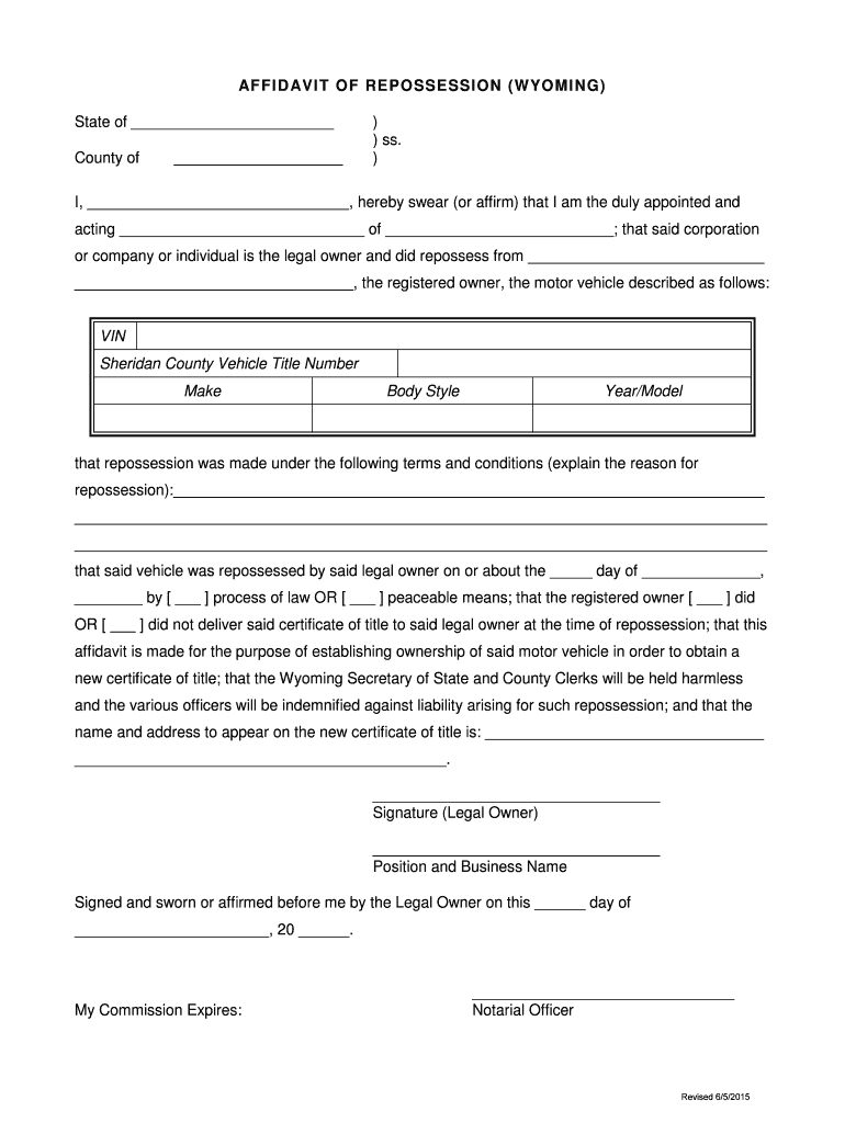 Fillable Online AFFIDAVIT OF REPOSSESSION WYOMING Fax Email Print ...