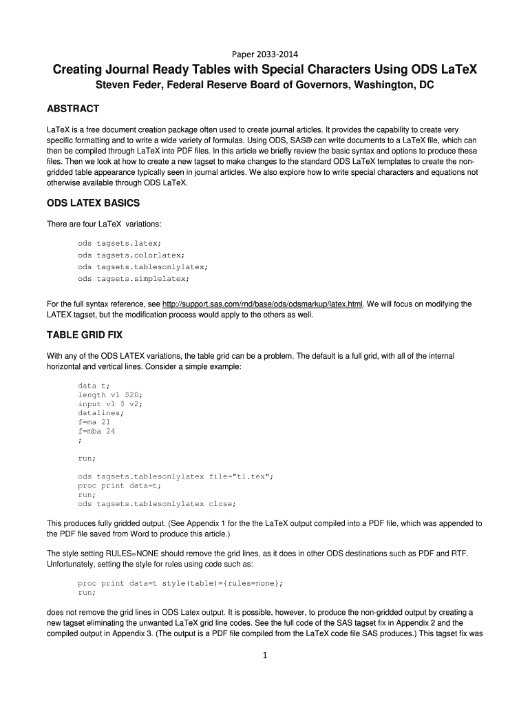 Fillable Online Creating Journal Ready Tables with Special Characters Using ODS LaTeX Fax Email ...