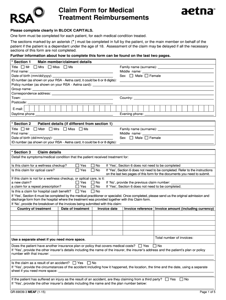 Fillable Online Claim Form for Medical Treatment Reimbursements Fax ...