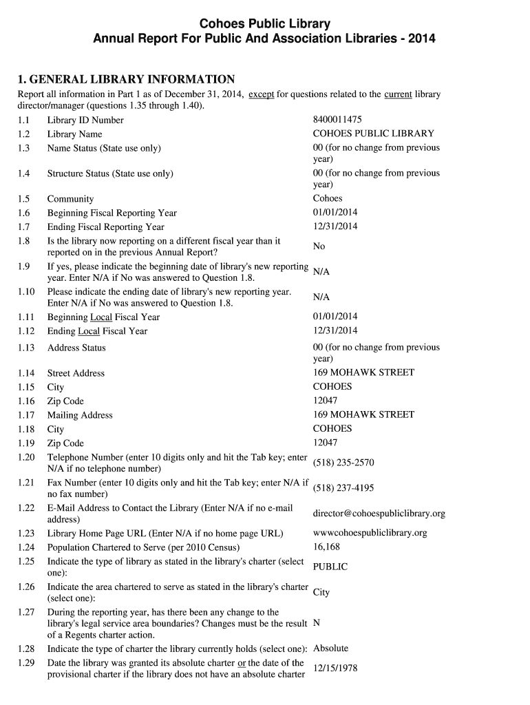 Fillable Online Cohoes Public Library Annual Report For Public And Fax ...