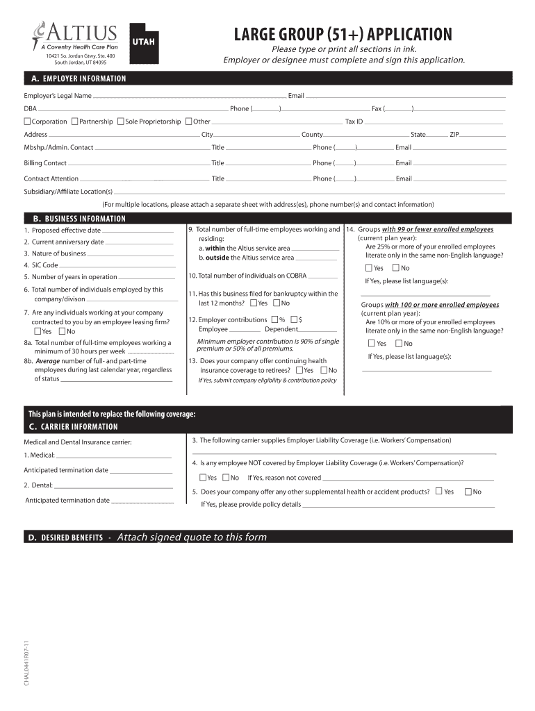 Fillable Online LARGE GROUP 51 APPLICATION - Altius Health Plans Fax ...