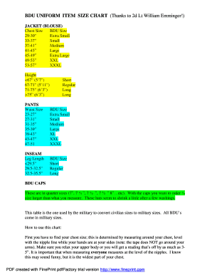 Fillable Online BDU UNIFORM ITEM SIZE CHART (Thanks to 2d Lt William ...