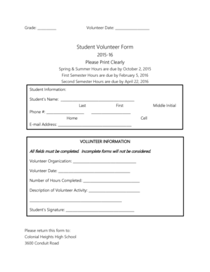 Fillable Online Grade Volunteer Date Student Volunteer Form Fax Email ...