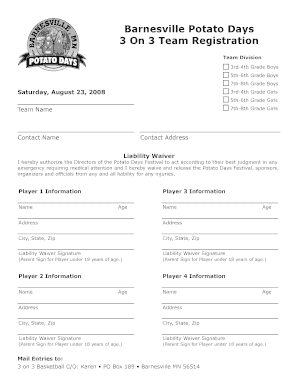 Fillable Online Barnesville Potato Days 3 On 3 Team Registration Fax ...