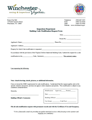 Fillable Online winchesterva Building Code Modification Request Form ...