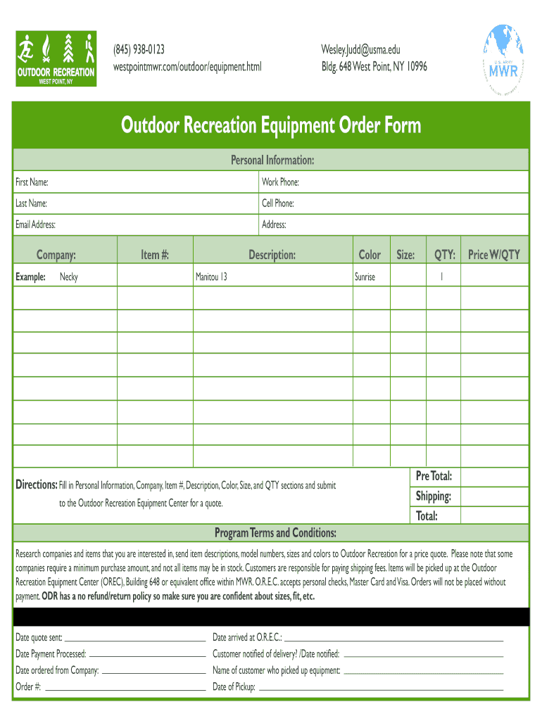 Fillable Online Outdoor Recreation Equipment Order Form Fax Email Print ...