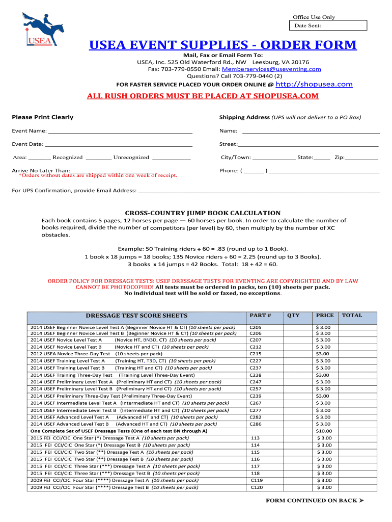 Fillable Online Date Sent USEA EVENT SUPPLIES - ORDER FORM Fax Email Print - pdfFiller