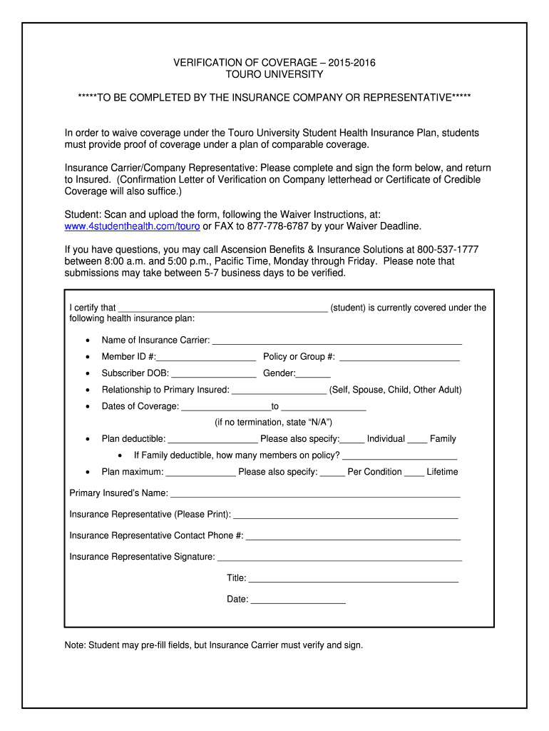 Fillable Online VERIFICATION OF COVERAGE - renstudentcom Fax Email ...