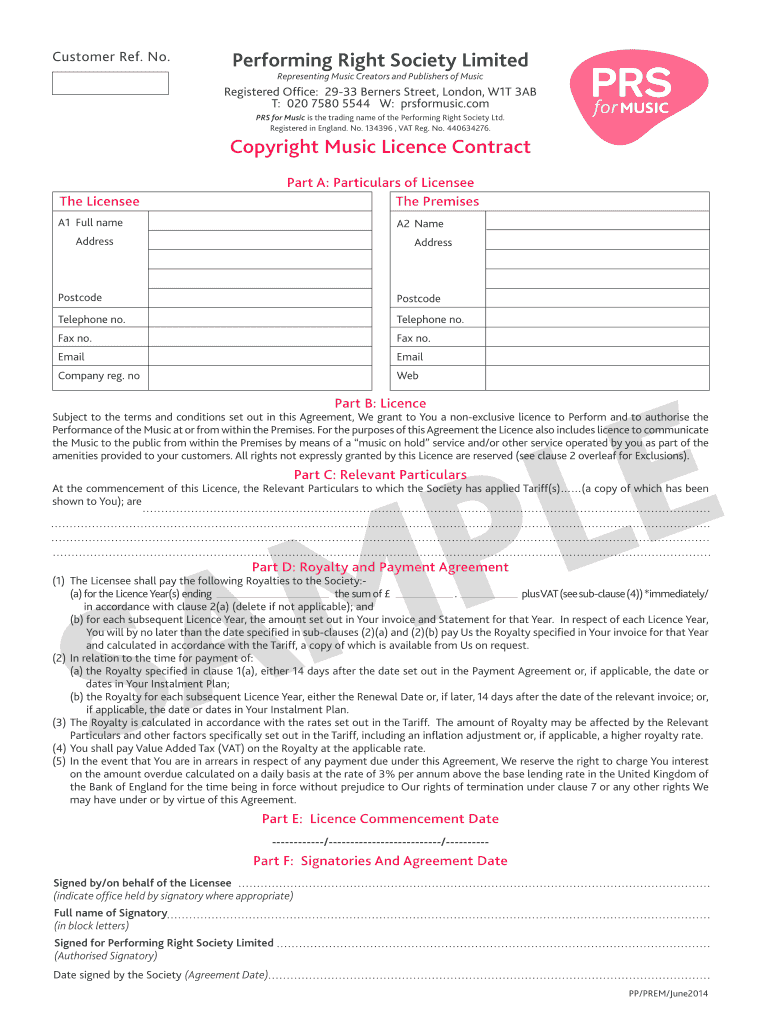 Fillable Online PRS for Music Copyright Music Licence Contract Fax ...