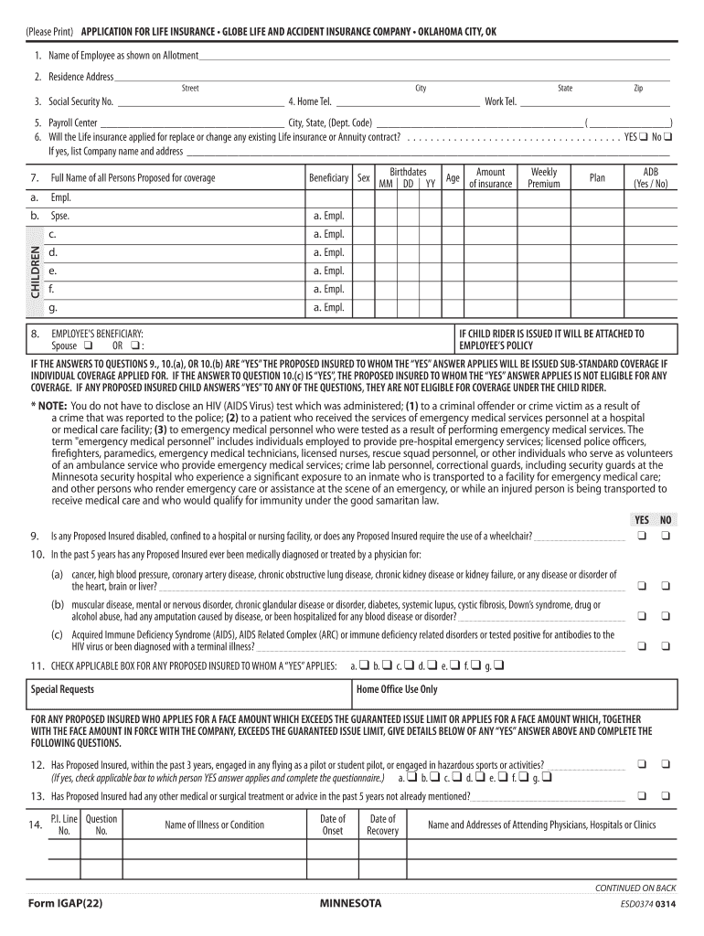 Fillable Online APPLICATION FOR LIFE INSURANCE GLOBE LIFE AND ACCIDENT ...