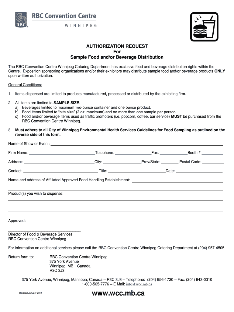 Fillable Online AUTHORIZATION REQUEST Sample Food andor Beverage ...