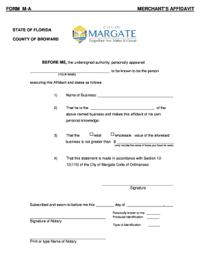 Fillable Online FORM M-A MERCHANTS AFFIDAVIT - Margate Florida Fax ...