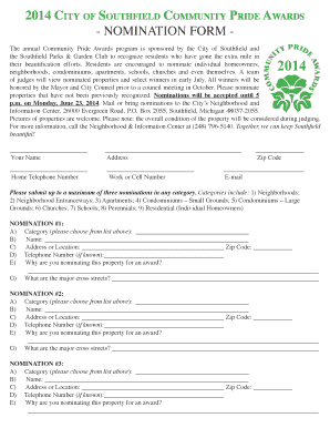 Fillable Online 2014 City of Southfield Community Pride Awards ...
