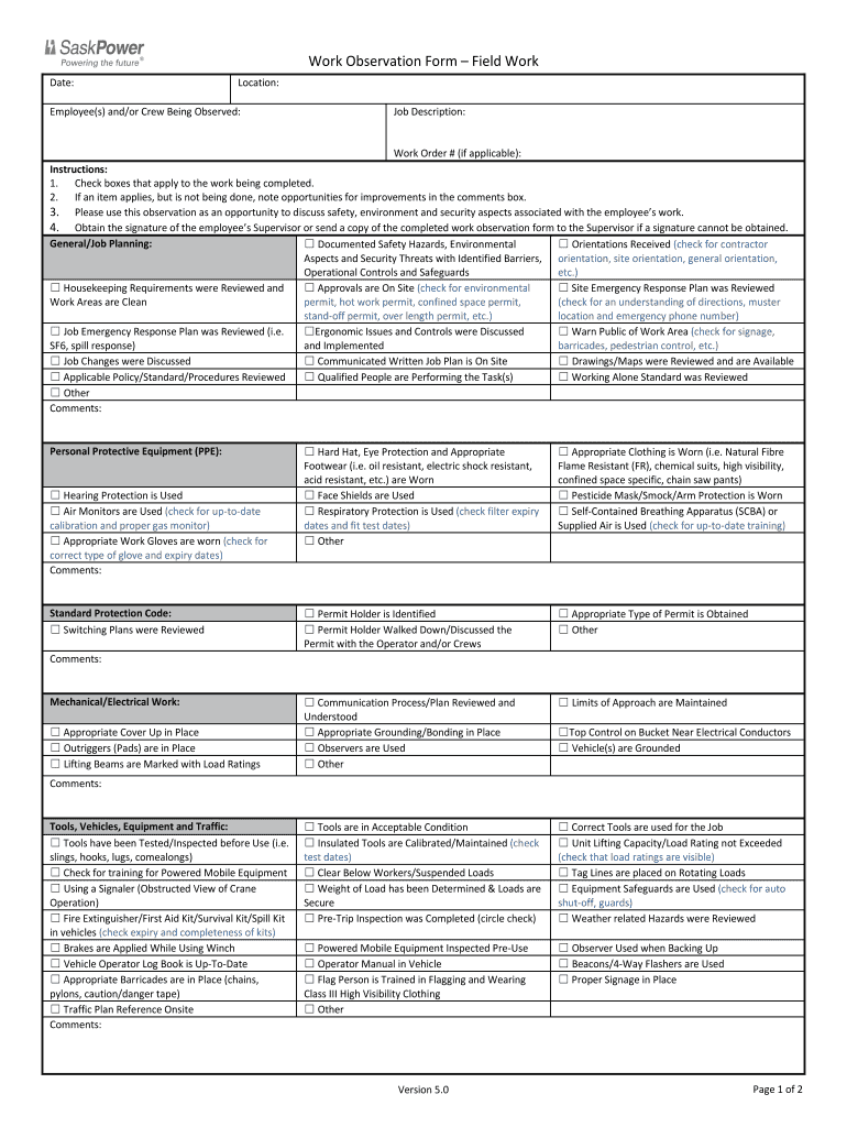 Fillable Online Work Observation Form Field Work - saskpowercom Fax ...