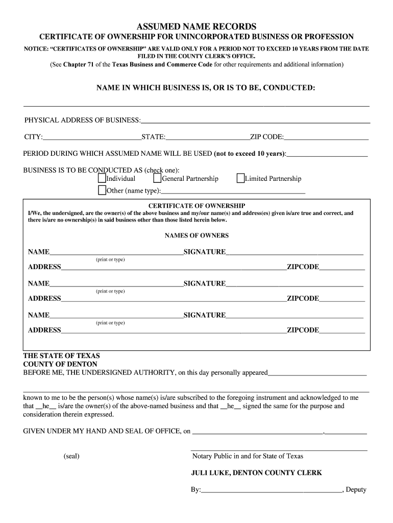 Fillable Online ASSUMED NAME CERTIFICATE Assumed Name Certificate Fax ...