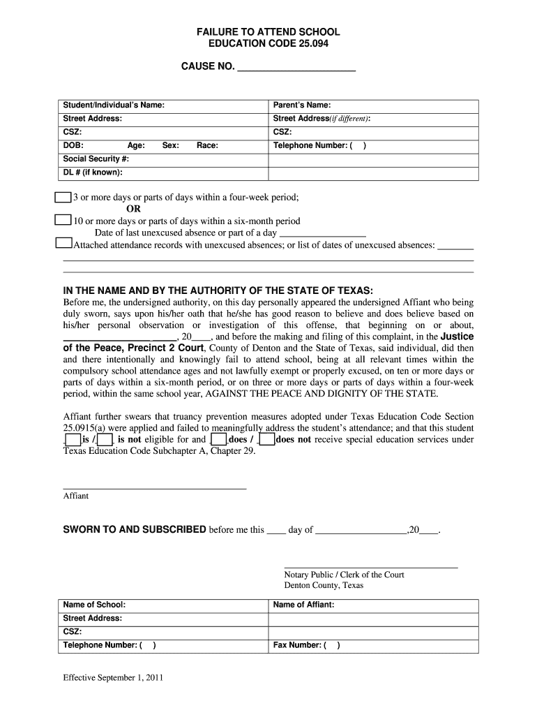 Fillable Online FAILURE TO ATTEND SCHOOL EDUCATION CODE 25094 CAUSE NO ...
