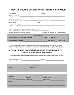 Fillable Online DENTON COUNTY CULVERTDRIVE PERMIT APPLICATION Fax Email ...