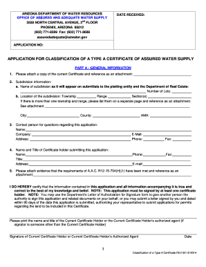 Fillable Online azwater Application for Classification of a Type A Certificate of Assured Water ...