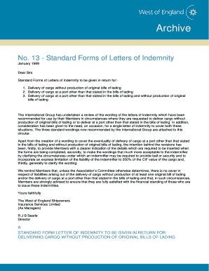 Fillable Online No 13 - Standard Forms of Letters of Indemnity Fax ...
