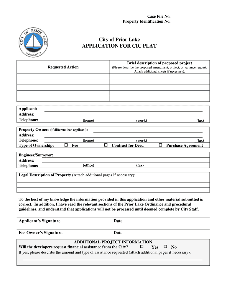 Fillable Online City of Prior Lake APPLICATION FOR CIC PLAT Fax Email ...