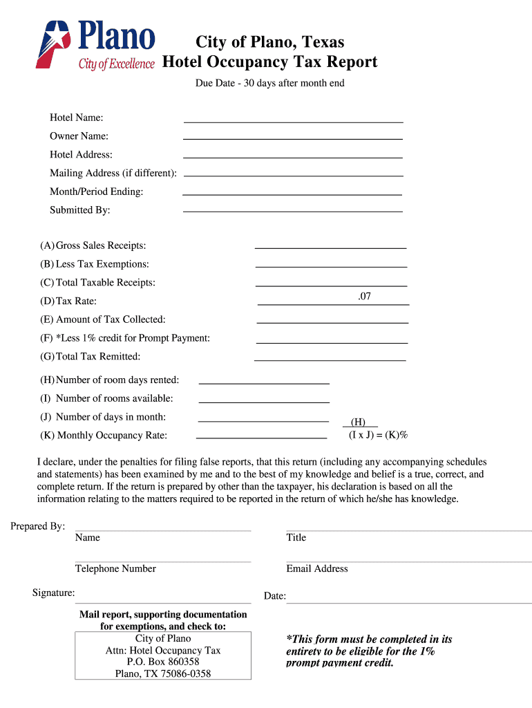 Fillable Online plano City of Plano Texas Hotel Occupancy Tax Report ...
